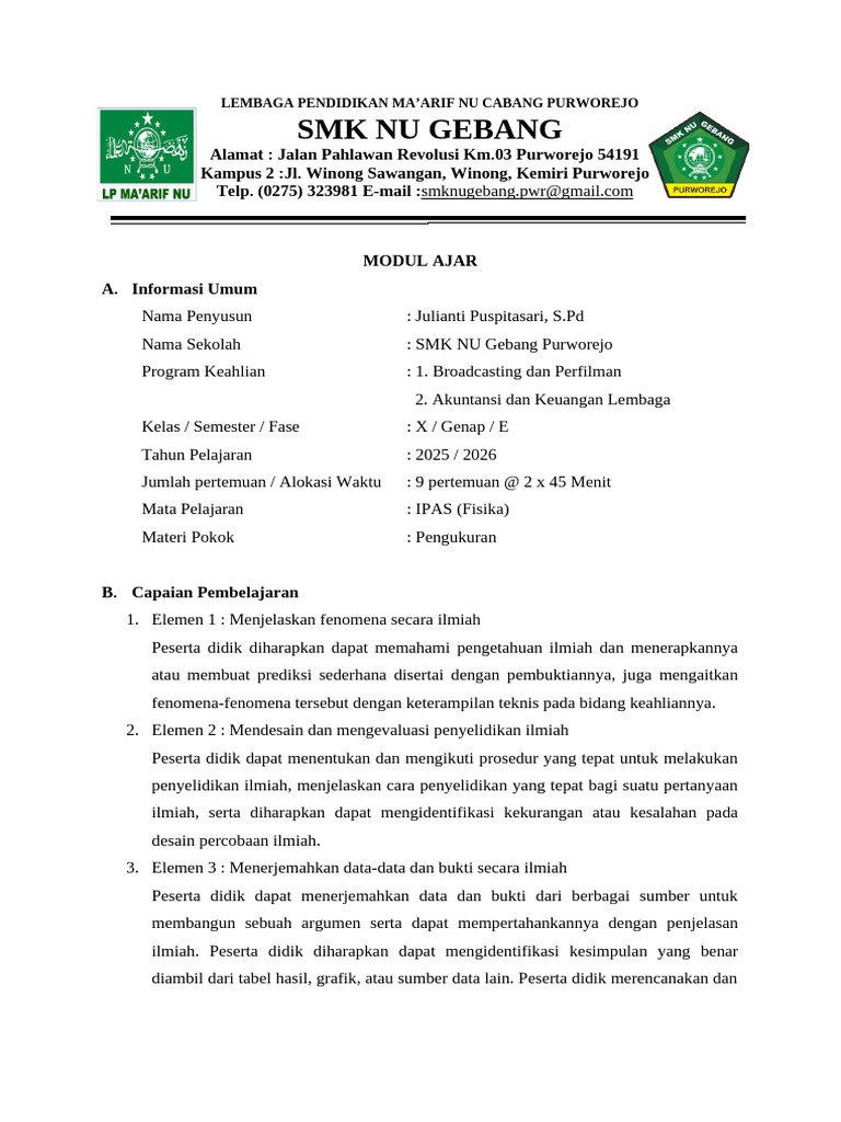 Modul Ajar IPAS SMK NU Gebang 2025 | PDF