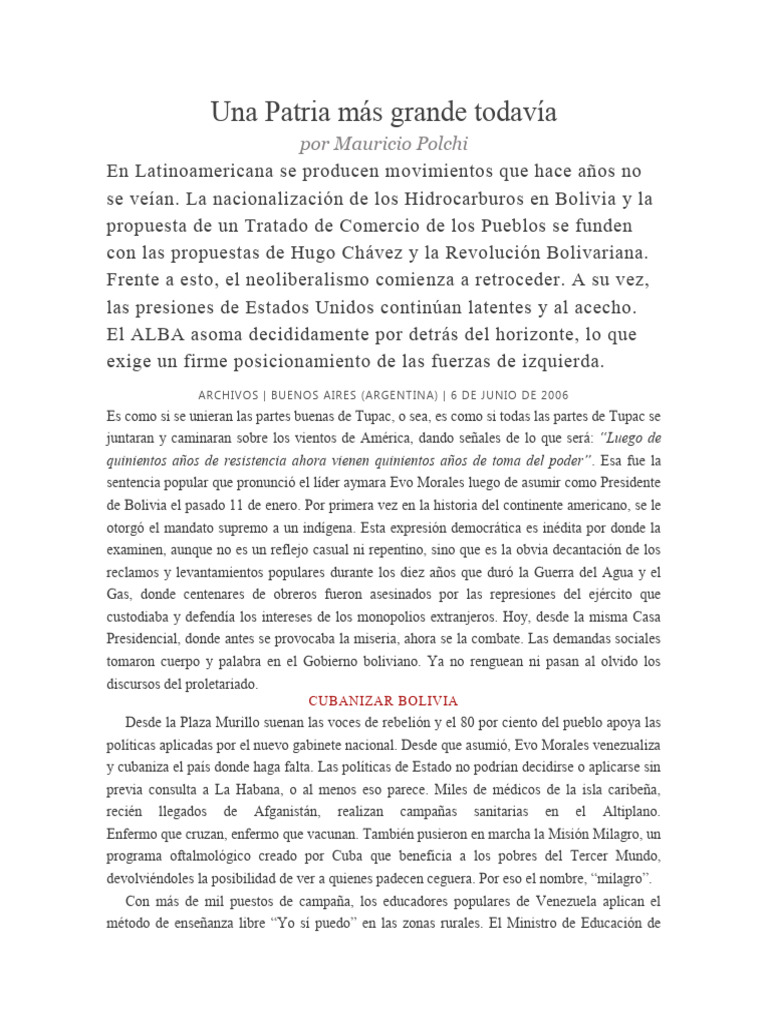 Una Patria Más Grande Todavía | PDF | Bolivia | Venezuela