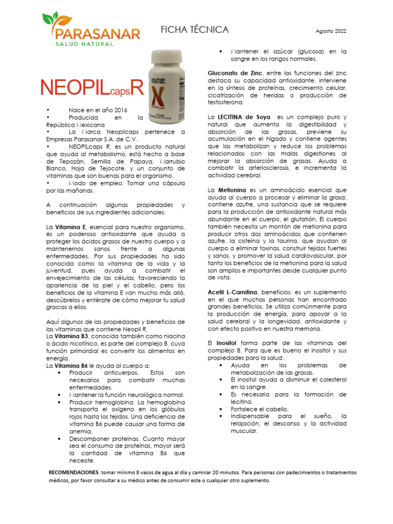 Ficha Tecnica Neopil R | PDF | Vitamina | Antioxidante