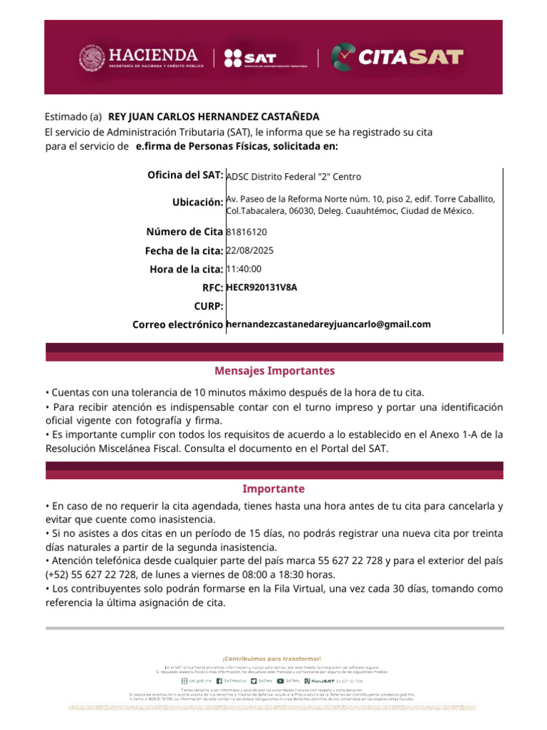 Acuse Del SAT Cita para Mostrar Como Justificante Laboral | PDF