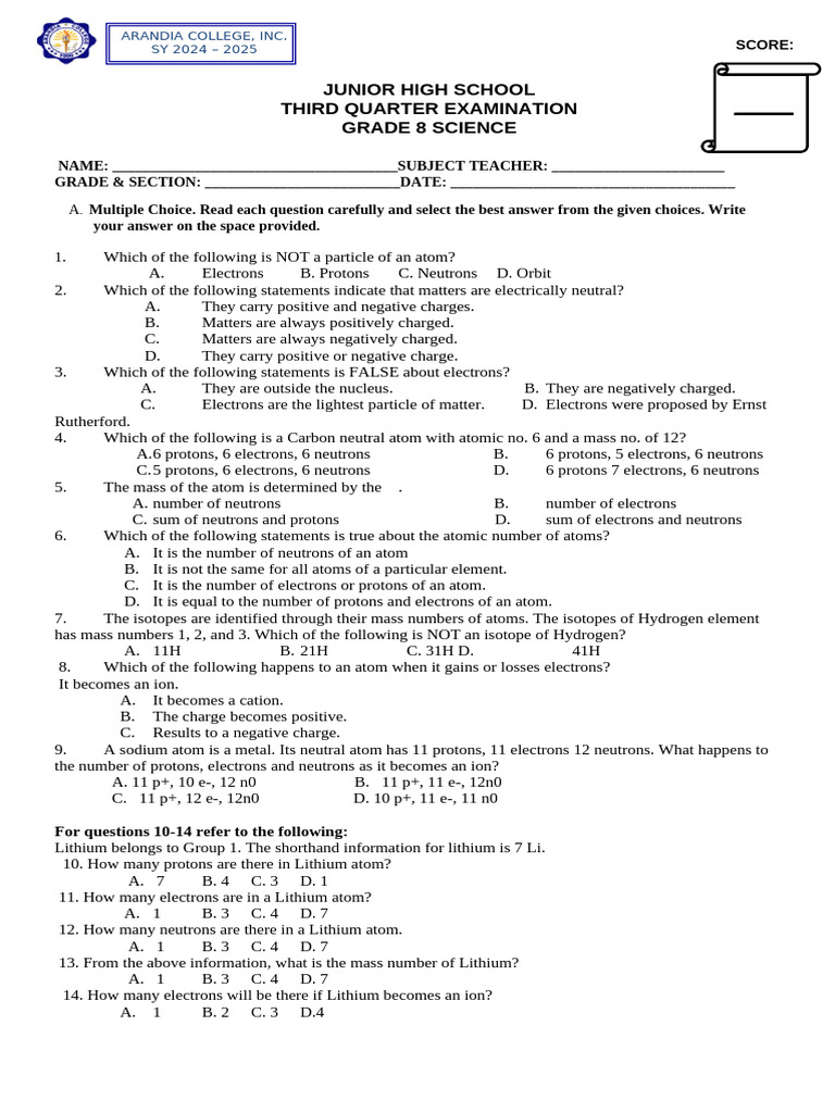 Grade 8 Science 3rd Quarter Exam 2025 | PDF | Evaporation | Atoms