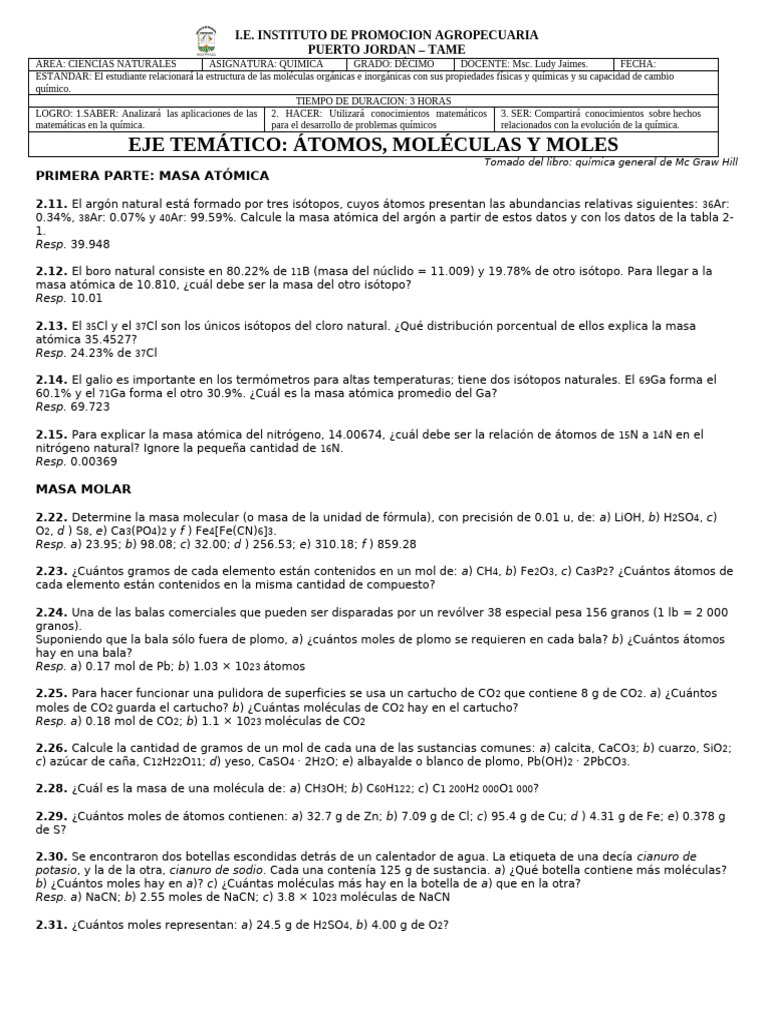 2 Ejercicios Atomos Moleculas Moles | PDF | Mole (Unidad) | Química