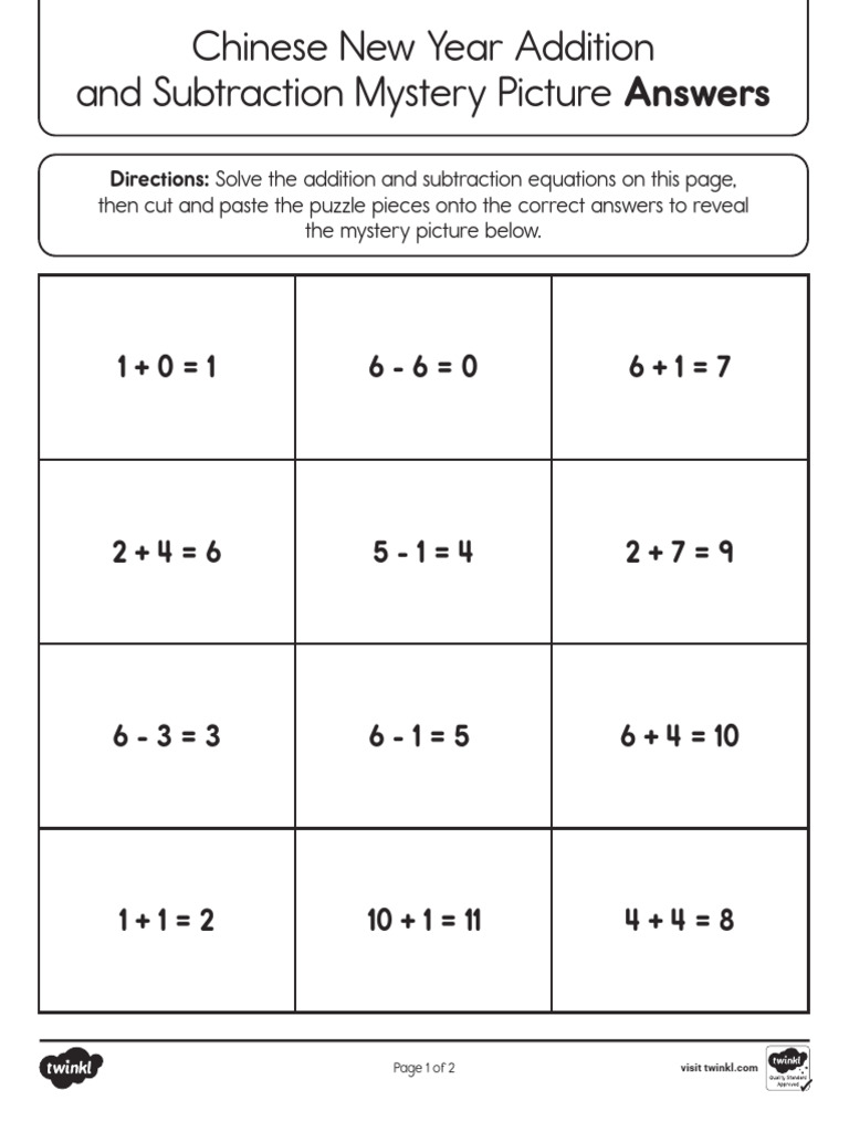 Answers Chinese New Year Addition and Subtraction Mystery Picture Cut ...