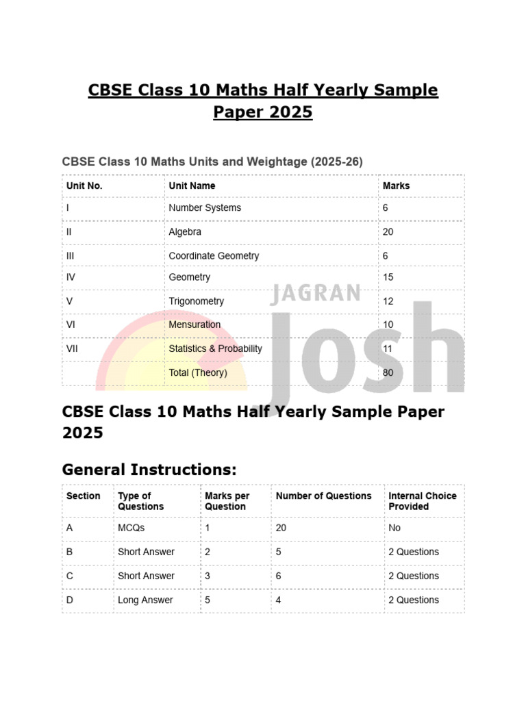 Class 10 Maths Half Yearly Paper 2025 | PDF | Circle | Elementary Geometry