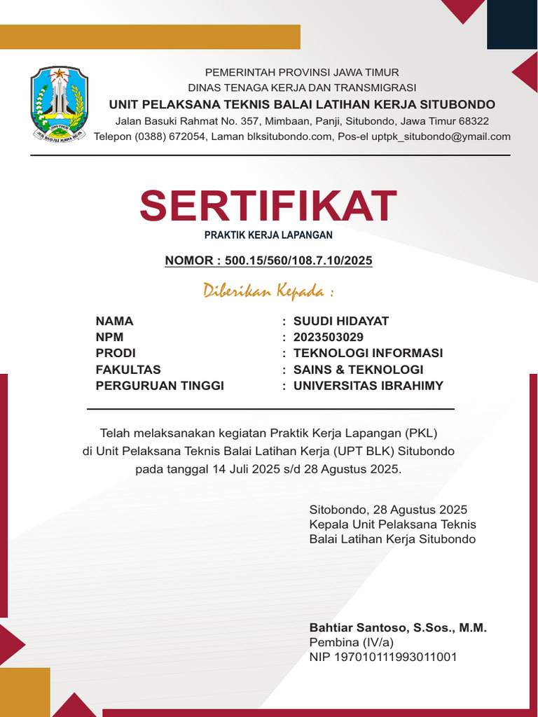 Sertifikat PKL UPT BLK Situbondo 2025 | PDF