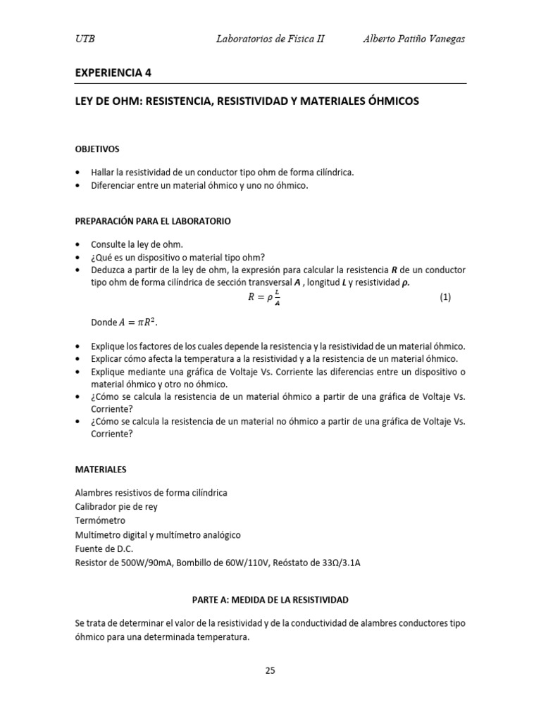 Guia 4 Resistividad y Ley de Ohm | PDF | Resistencia Eléctrica y ...