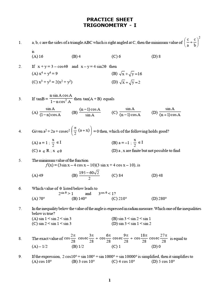 Trigonometry Practice Sheet with Solutions | PDF | Trigonometric ...