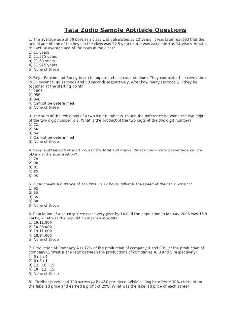 Tata Zudio Sample Aptitude Questions | PDF | Rectangle | Area