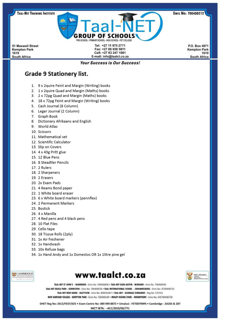 Grade 9 Stationery Supply List | PDF