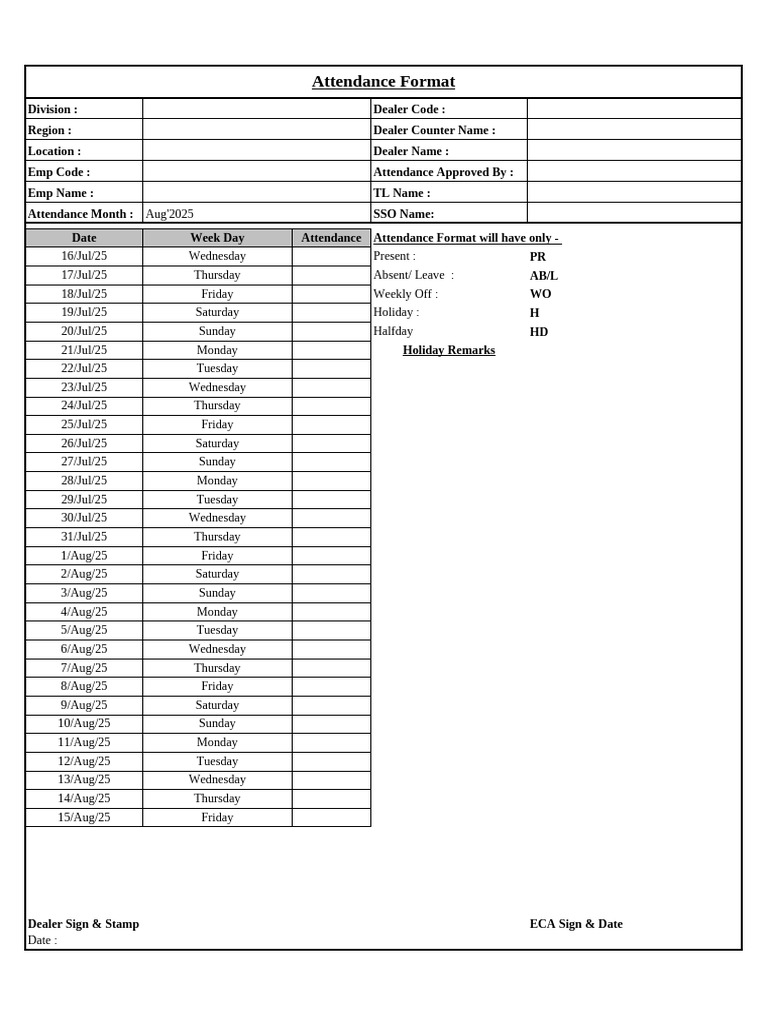 Attendance Format Template for Dealers | PDF