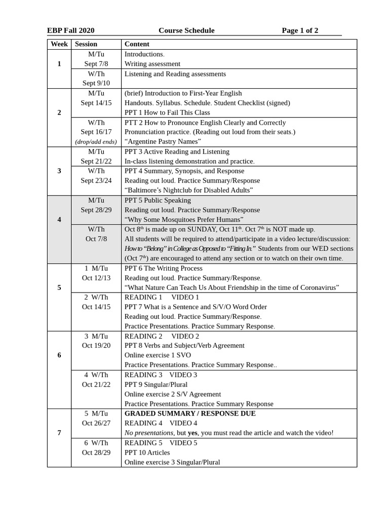 EBP Fall 2020 Course Schedule Overview | PDF | Language Families ...