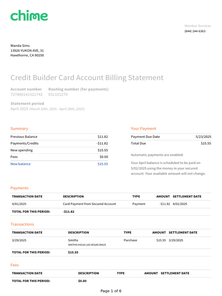 Chime Credit Statement April 2025 | PDF | Credit Card | Payments