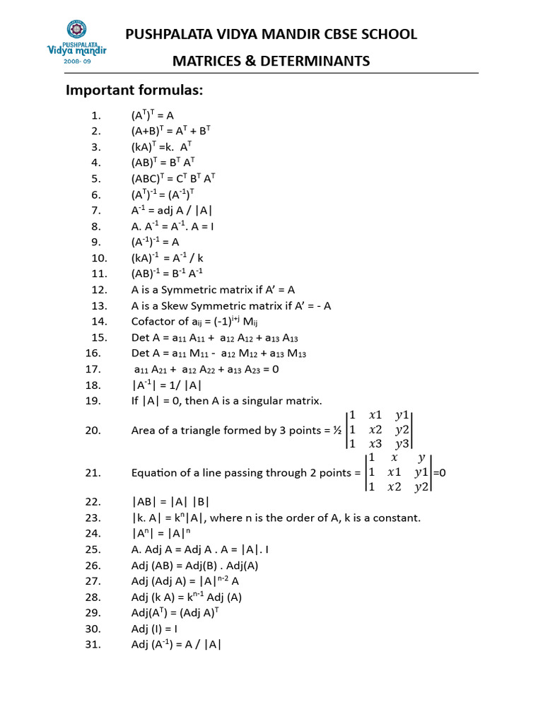 Matrices and Determinants Formula | PDF