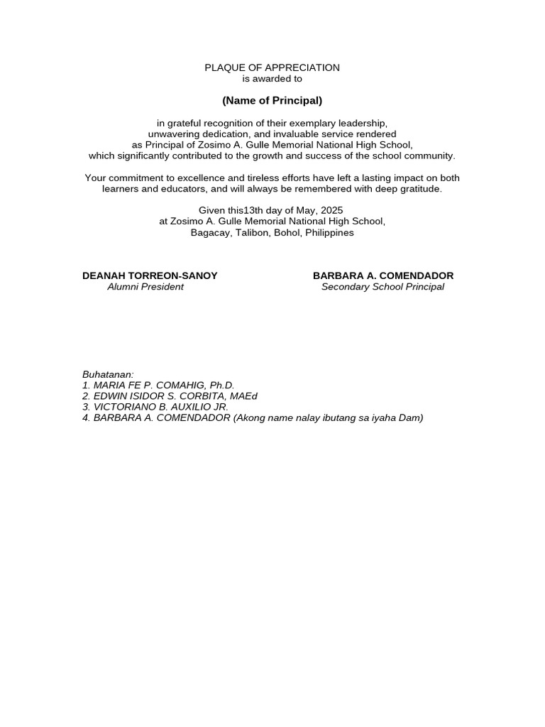 Plaque of Appreciation For SH | PDF