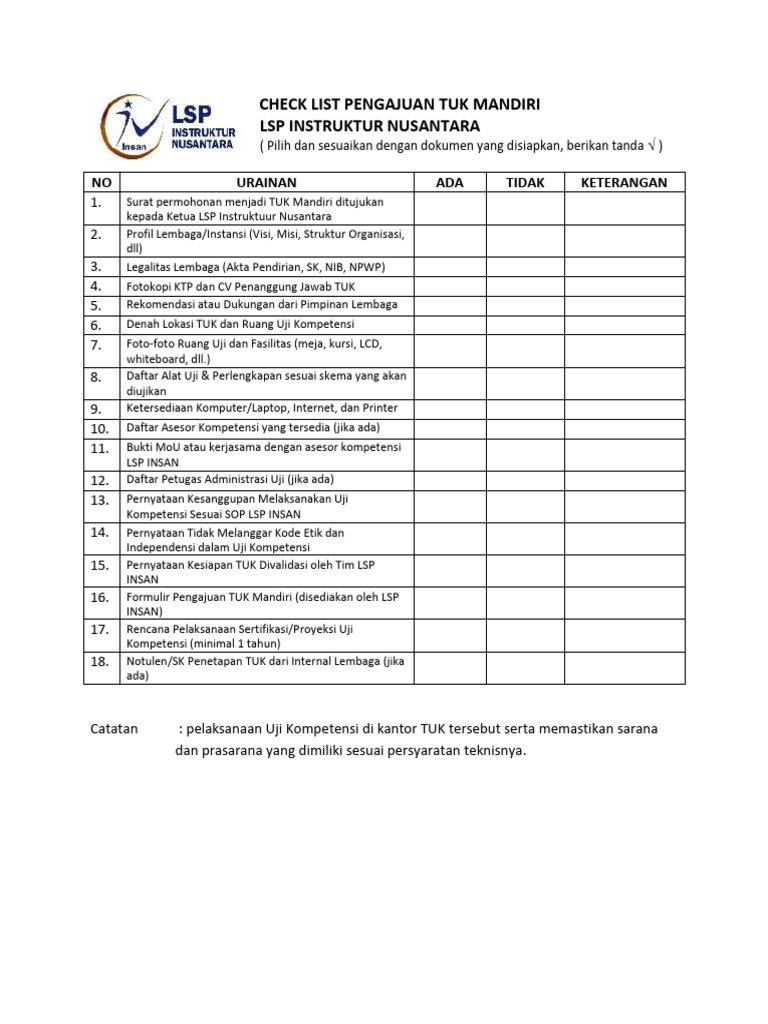 Check List Pengajuan Tuk Mandiri | PDF