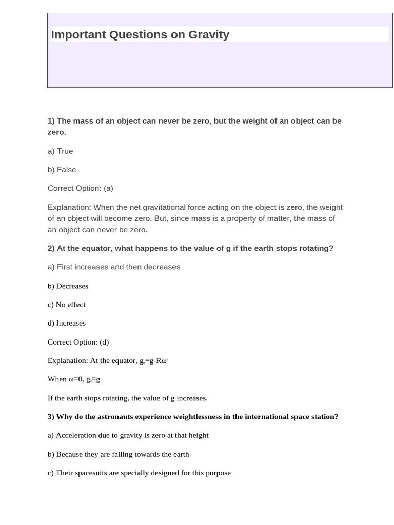 Important Questions On Gravity | PDF | Newton's Law Of Universal ...