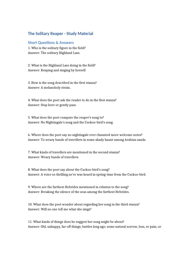 Study Guide for "The Solitary Reaper" | PDF | Poetry