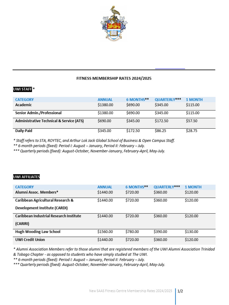 UWI Gym Membership Rates 2024/2025 | PDF | Payments