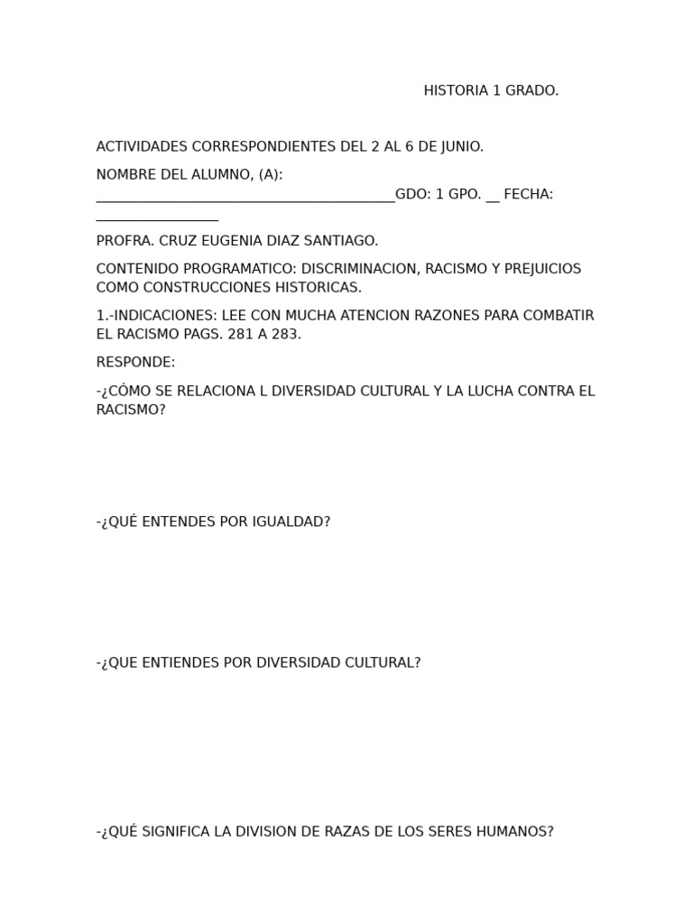 Actividades de Historia: Racismo y Diversidad | PDF | Racismo ...
