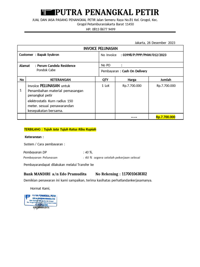 Invoice Pemasangan Penangkal Petir | PDF
