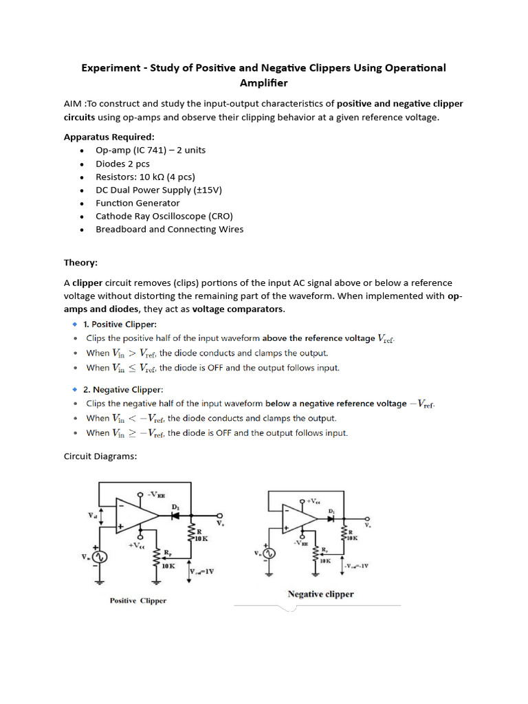 Study of Positive and Negative Clippers Using Operational Amplifier | PDF