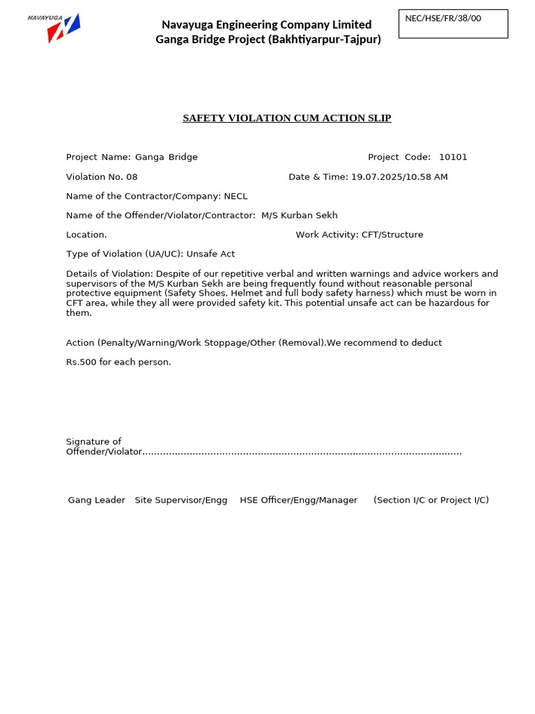 Checklist of Safety Violation Cum Action Slip | PDF