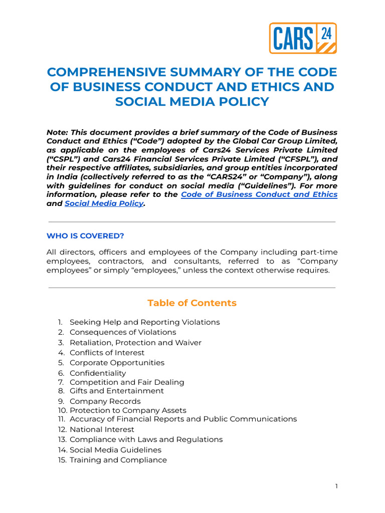 Code of Business Conduct and Ethics and Social Media Policy | PDF ...