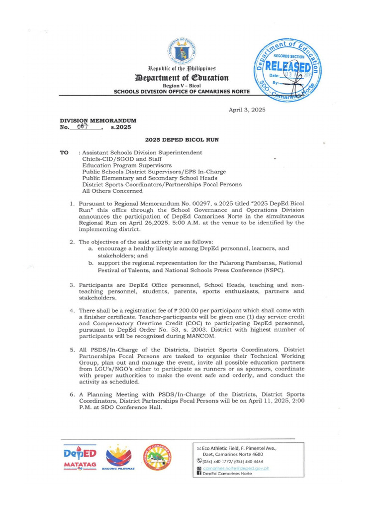 2025 DepEd Bicol Run Memo | PDF