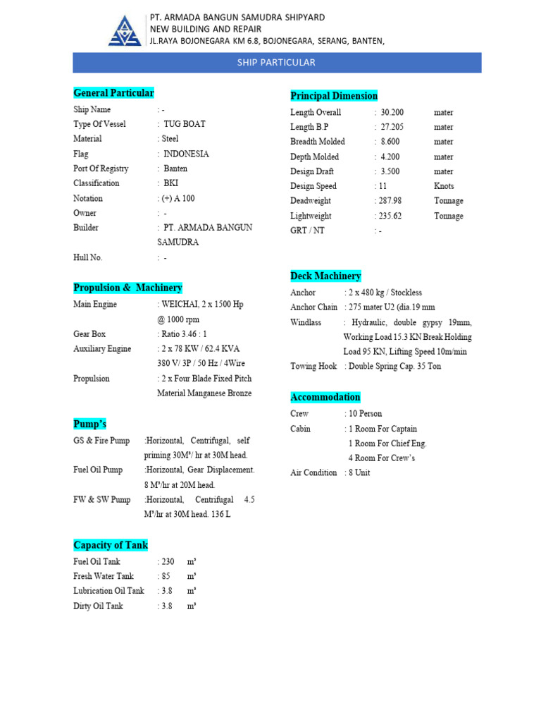 Tug Boat Specifications and Details | PDF | Anchor | Ships