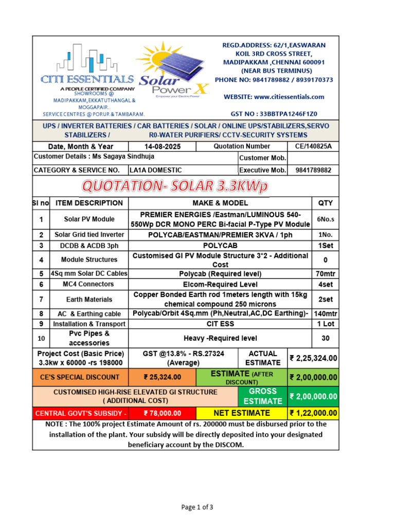 Solar 3.3kw Quotation - Ms Sindhuja | PDF | Solar Power | Solar Panel