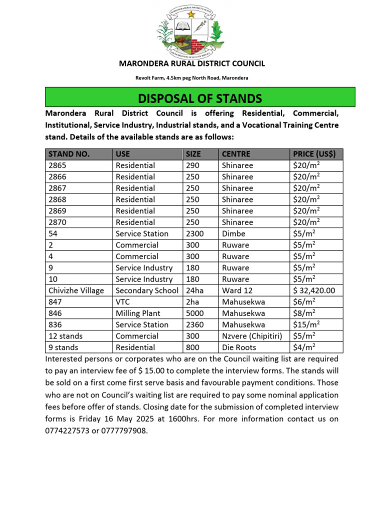 Marondera Rural District Council Stands | PDF