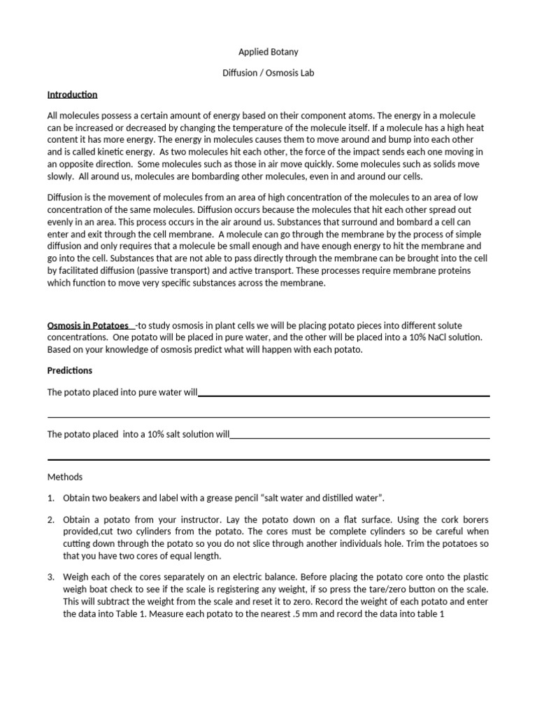 Applied Botany Osmosis Lab | PDF | Osmosis | Applied And ...