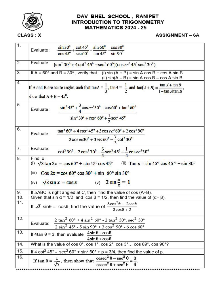 X - A 6a - Intro. To Trigonometry-1 Complementry Angles | PDF