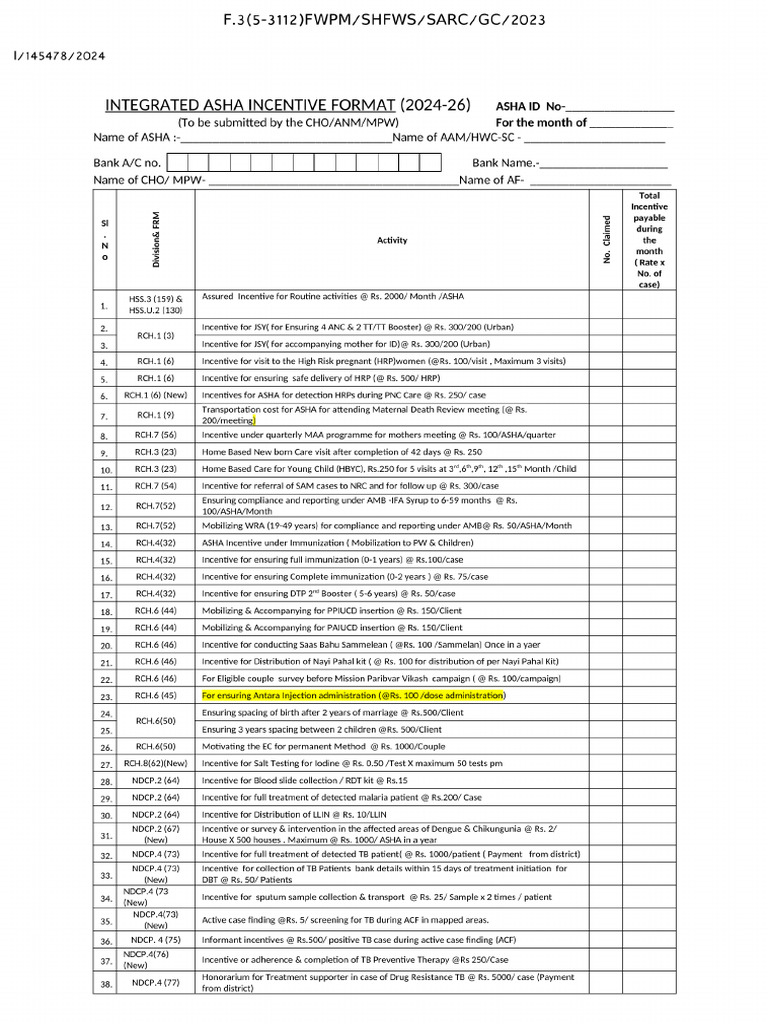 Asha Incentive Format | PDF