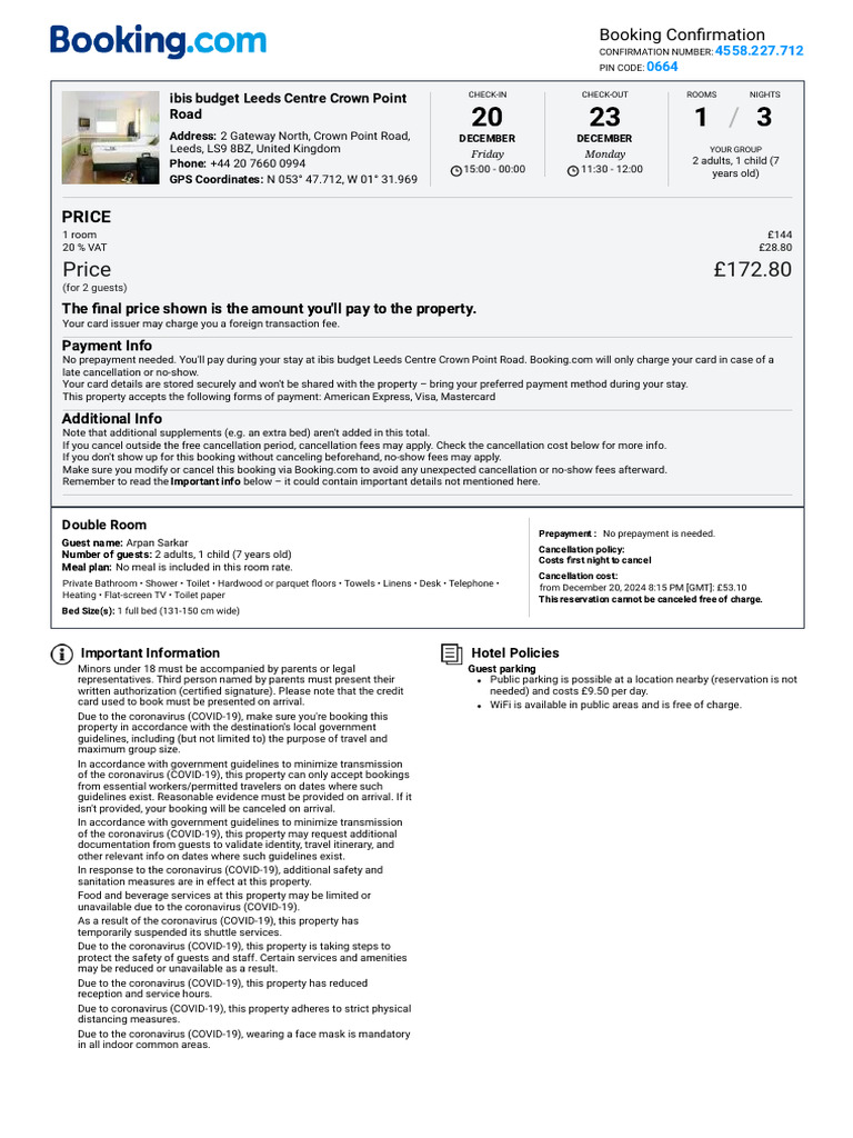 Booking.com - Booking Confirmation | PDF | Fee | Visa Inc.