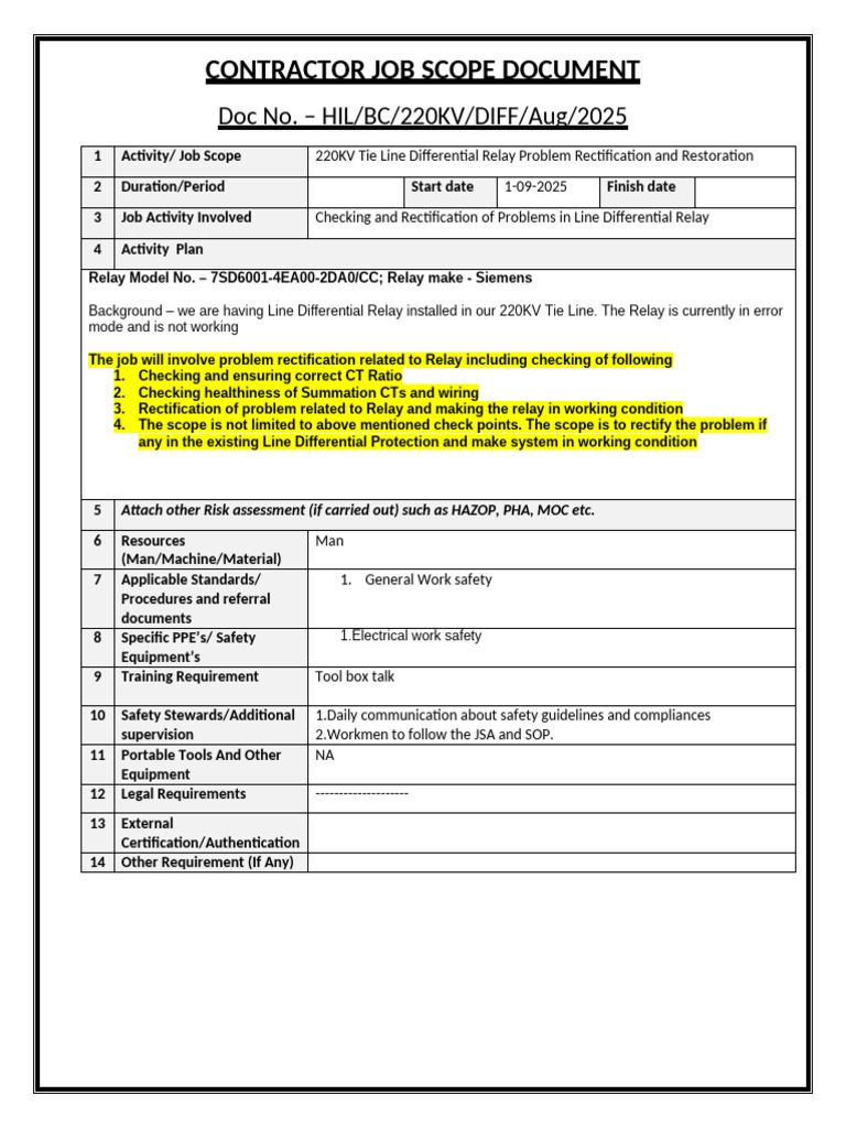 Scope of Work - 220KV Tie Line Differential Relay Restoration | PDF