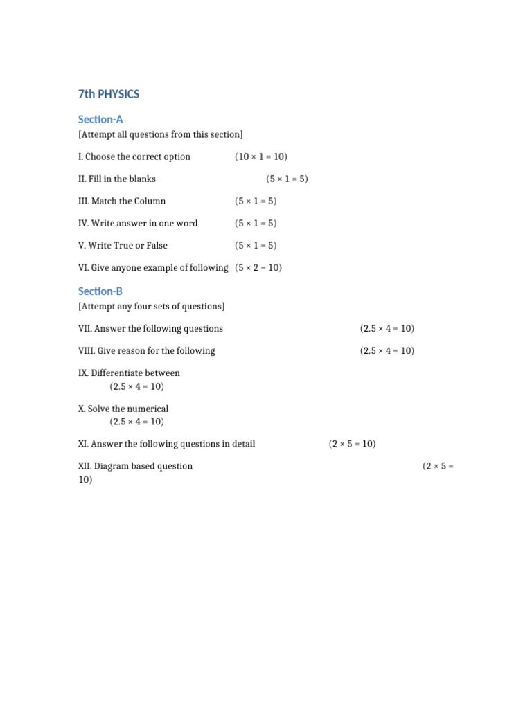 7th Grade Physics Exam Format | PDF