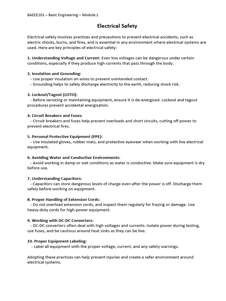 Baeee101 Basic Engineering Electrical Safety Earthing Pdf Safety
