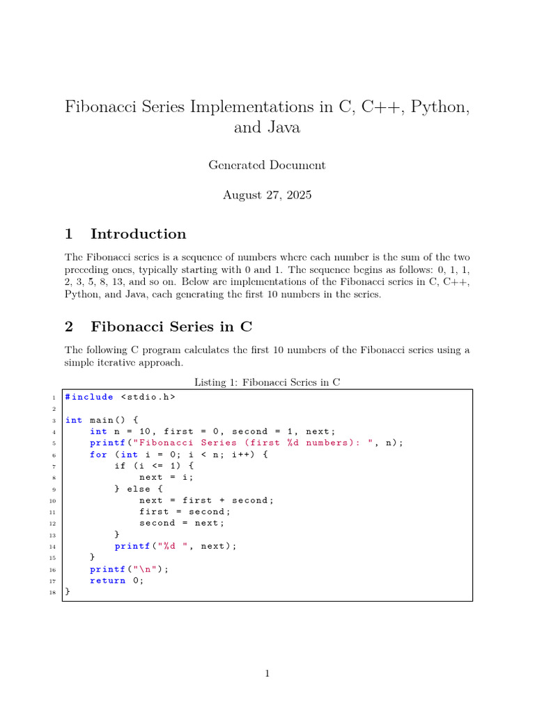 Fibonacci Series Implementations in C, C++, Python, and Java | PDF ...
