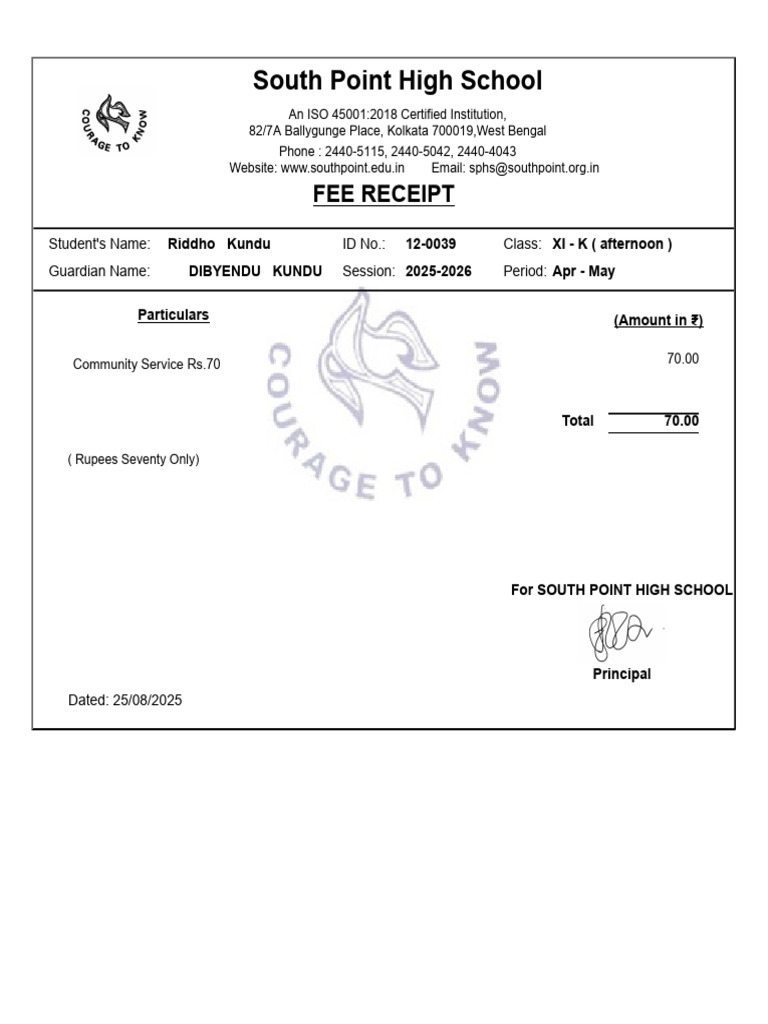 College Fee Receipt for 2025 | PDF