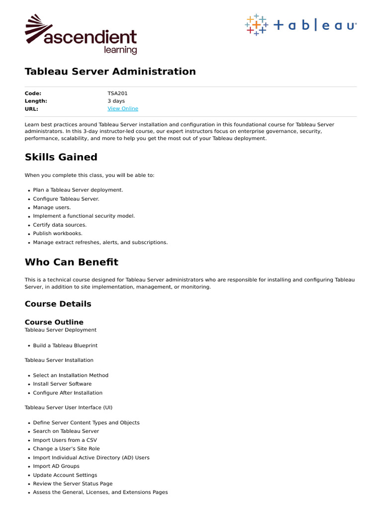 Tableau Server Admin Training Course | PDF | Server (Computing) | Sql