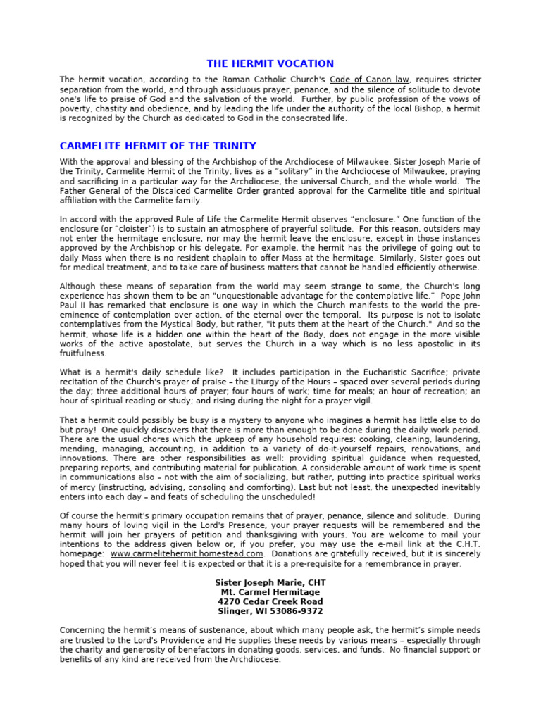 CHT Vocation Synopsis 8-09-11 | PDF | Hermit | Prayer