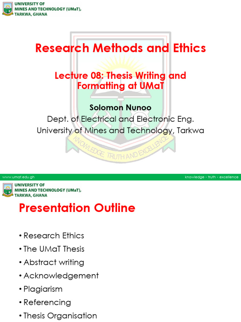 UMaT Thesis Writing Guide and Ethics | PDF | Thesis | Abstract (Summary)