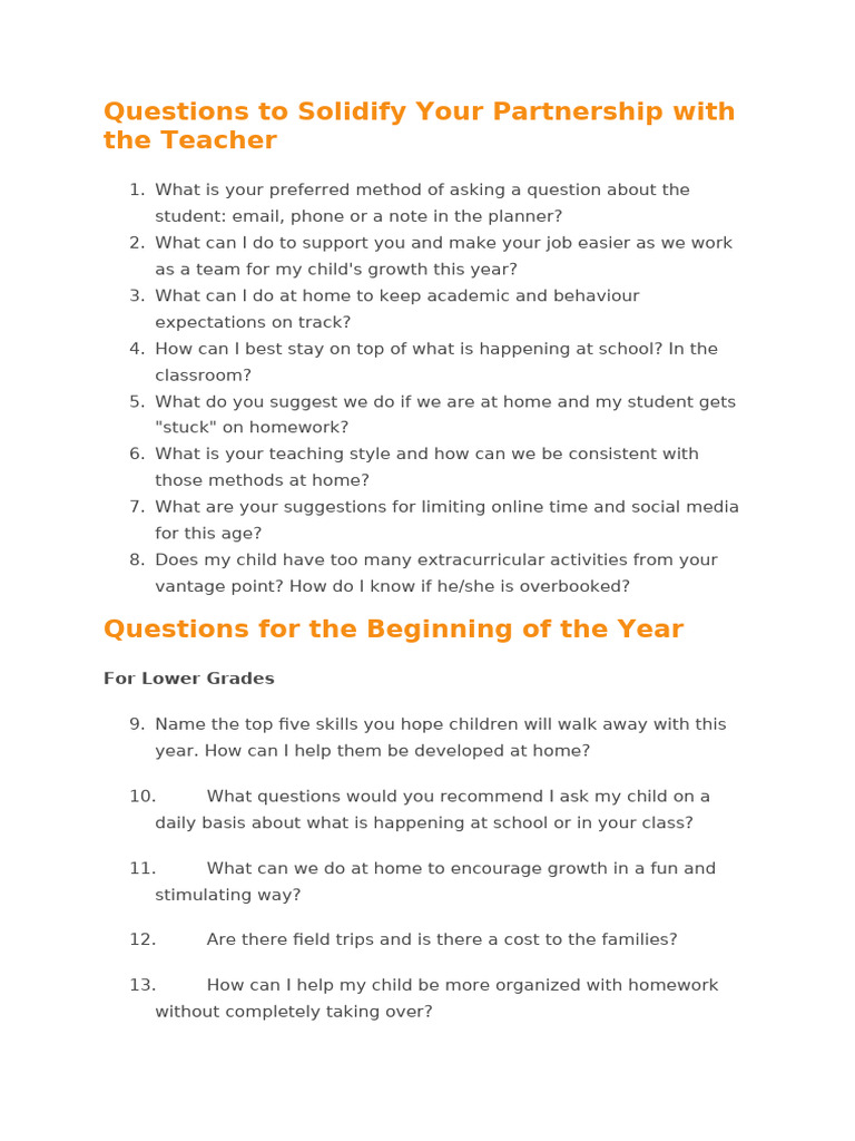 Questions To Solidify Your Partnership With The Teacher | PDF ...