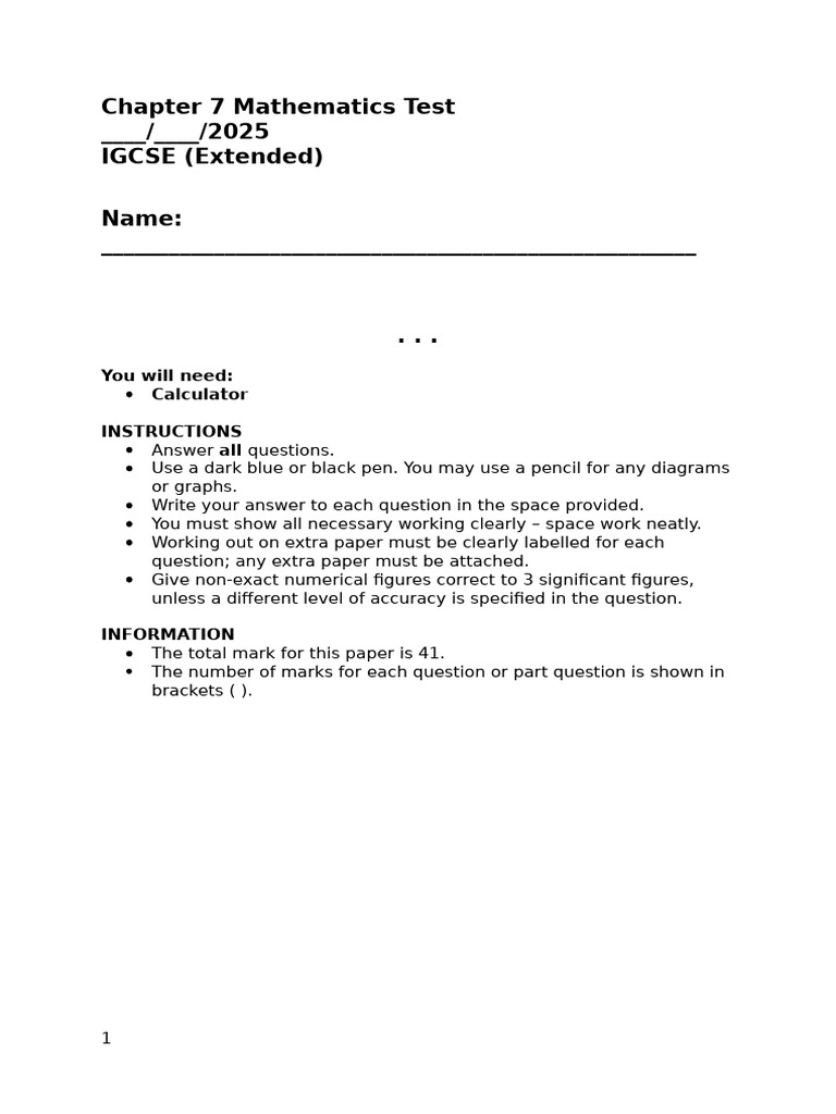 IGCSE Mathematics Test Chapter 7 | PDF | Area | Volume