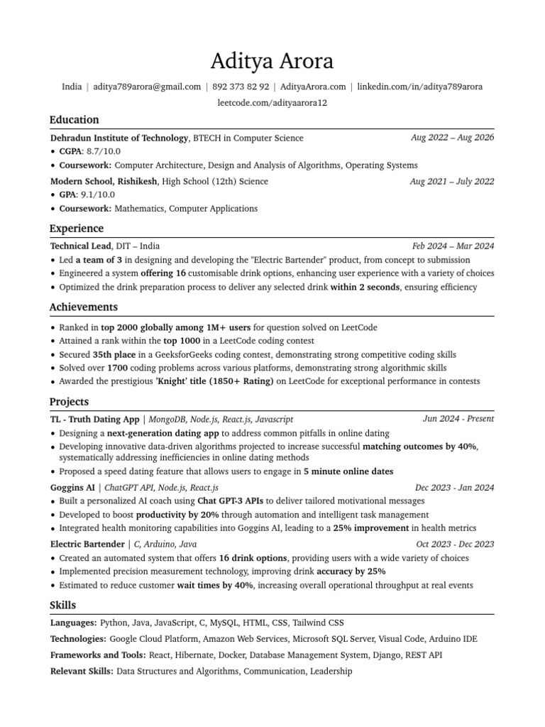 Aditya Arora Resume Ug | PDF | Artificial Intelligence | Intelligence ...