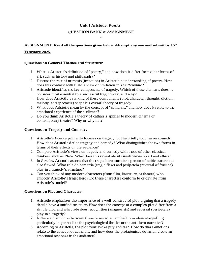 Ques Bank - Lit Crit Unit 1 | PDF | Tragedy | Poetics (Aristotle)