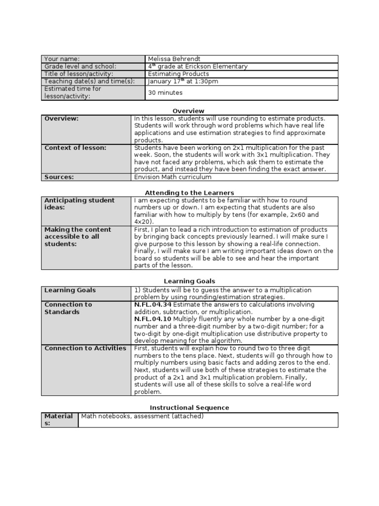 Sample Math Lesson Plan | PDF | Multiplication | Rounding