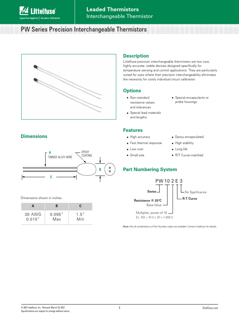 Littelfuse Leaded Thermistors Interchangeable Thermistors Precision PW Datasheet PDF | PDF ...