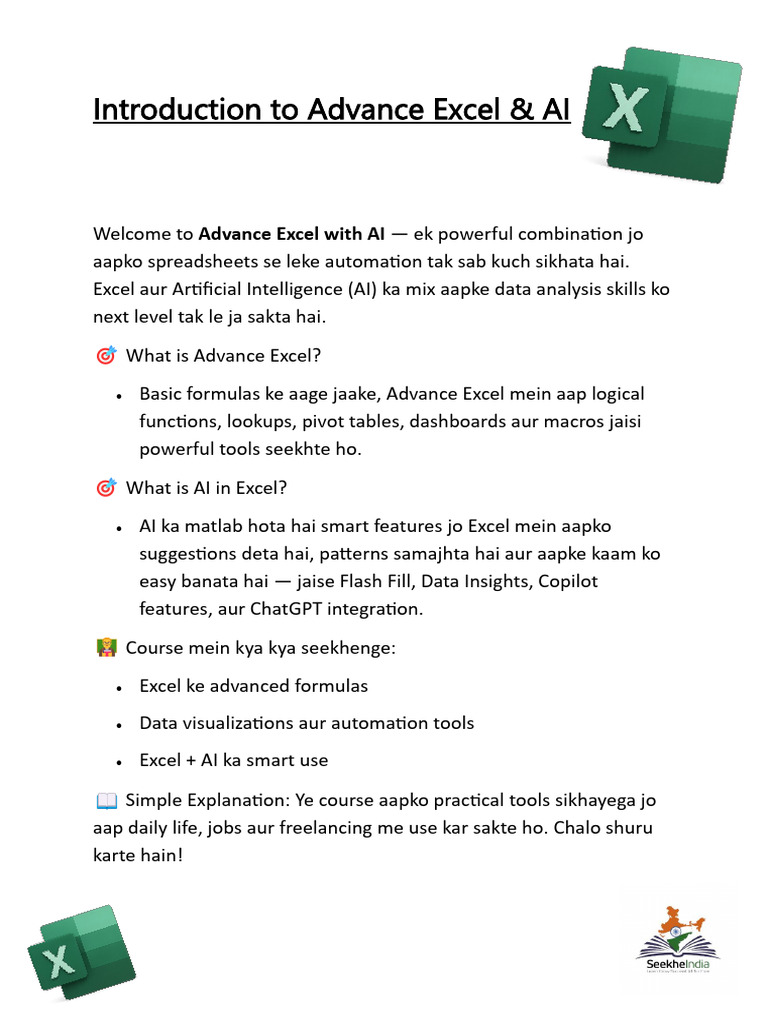 Advance Excel & AI: Course Overview | PDF | Microsoft Excel | Office ...